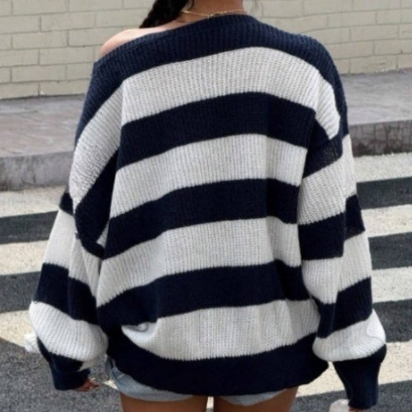 Ladies off-shoulder knit sweaters with maritime striped pattern Chic a ...